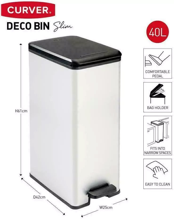Curver Deco Slim Pedal Bin – 40L – Silver – Keter Australia